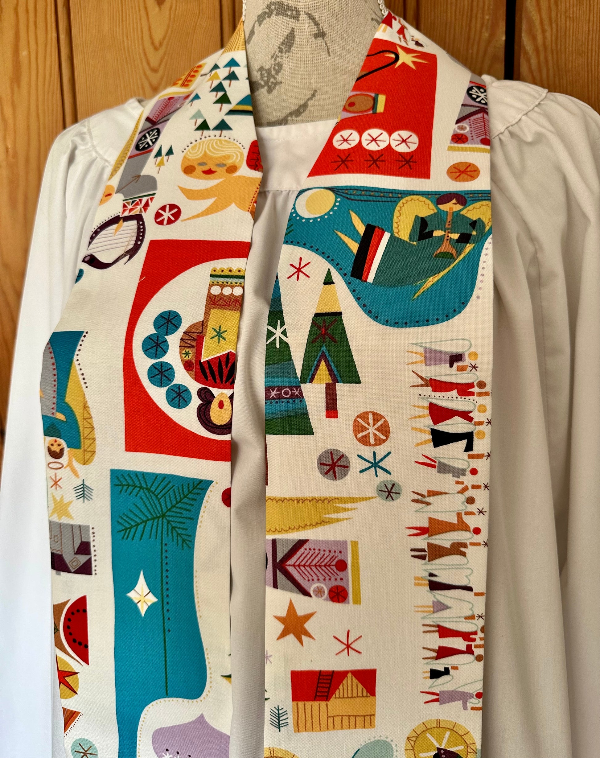 Nativity clergy stole, bright. 47" – Sally Prendergast Art